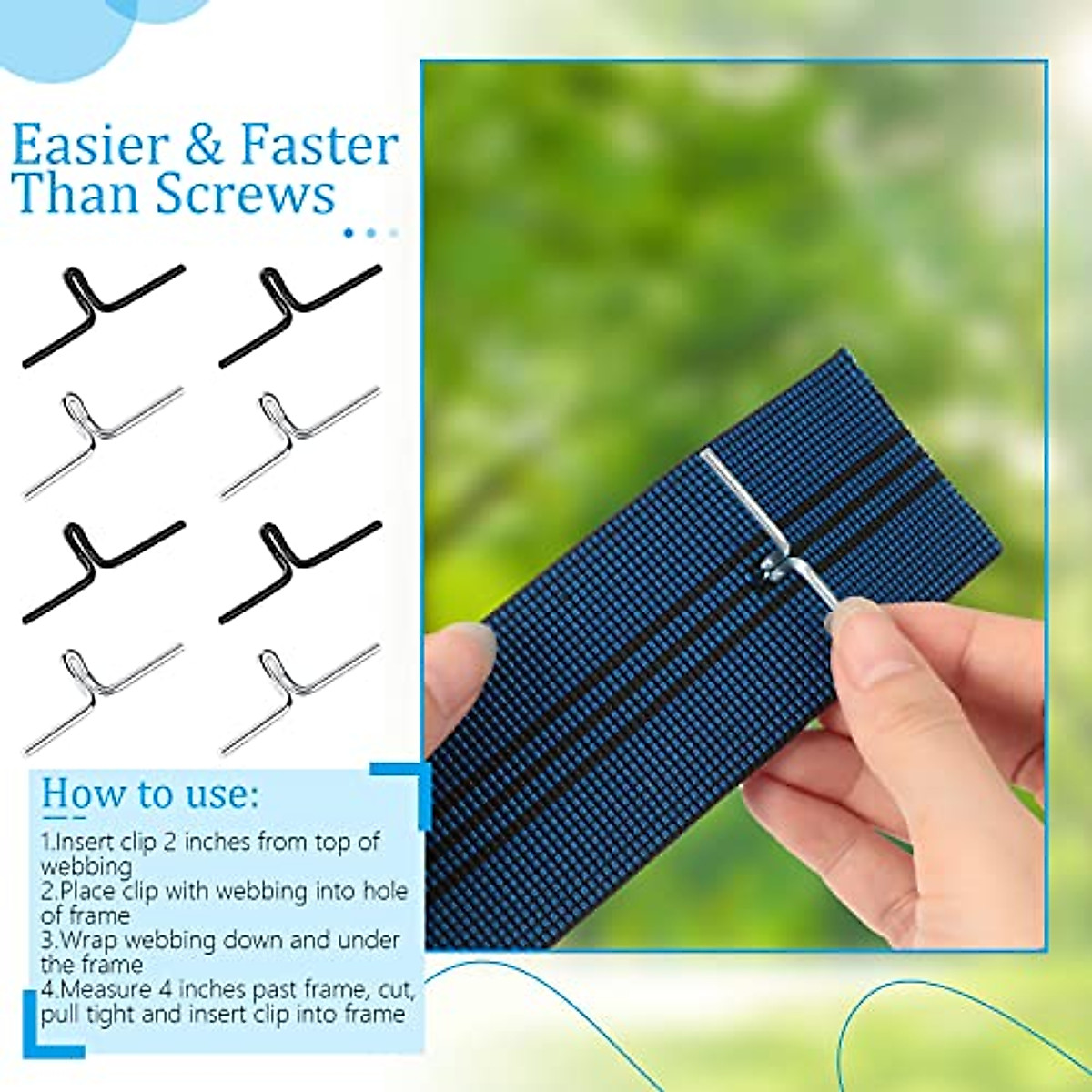 120 pcs Webbing Clips Lawn Chair Webbing Silver Black Lawn Chair Webbing Clips Patio Chair Webbing Replacement for Chair Frame Rubber Webbing Repair for Sofa Chair Furniture