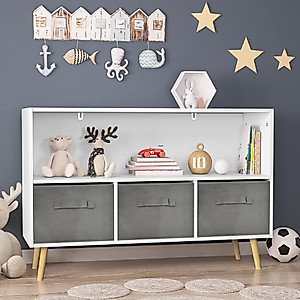 Kids Bookcase and Bookshelf Multi Shelf Cubby with 3 Collapsible Fabric Drawers Kid's Book and Toy Display Rack Toy Storage Cabinet Organizer for Playroom Nursery Children's Room School, White+Grey
