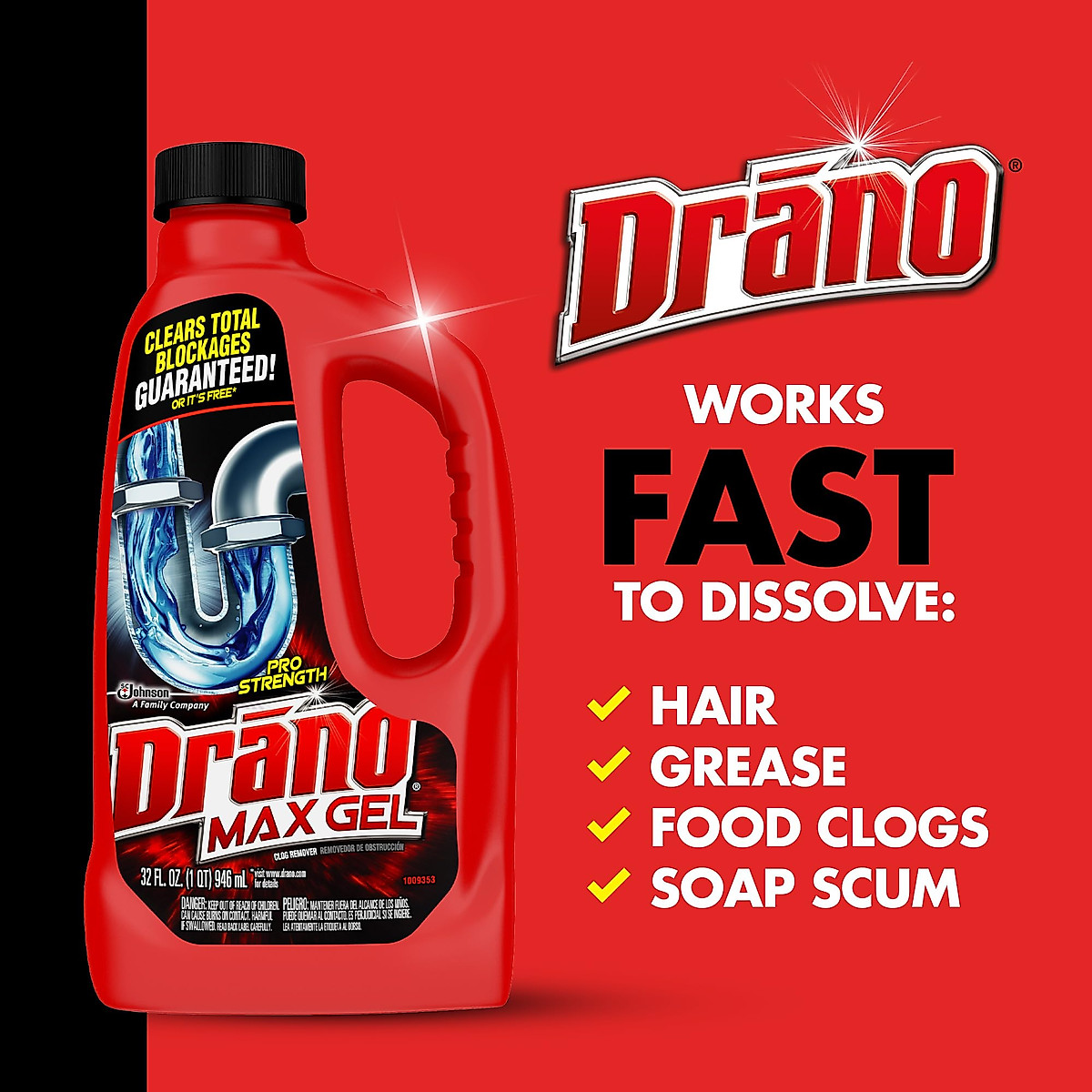 Drano Max Gel Drain Clog Remover and Cleaner for Shower or Sink Drains, Unclogs and Removes Hair, Soap Scum, Blockages, 32 oz