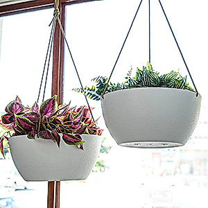 SwinDuck 13 Inch 2 Pack Large Hanging Planters for Indoor Outdoor Plants, Plastic Hanging Basket Pots for House Plants Flowers, White