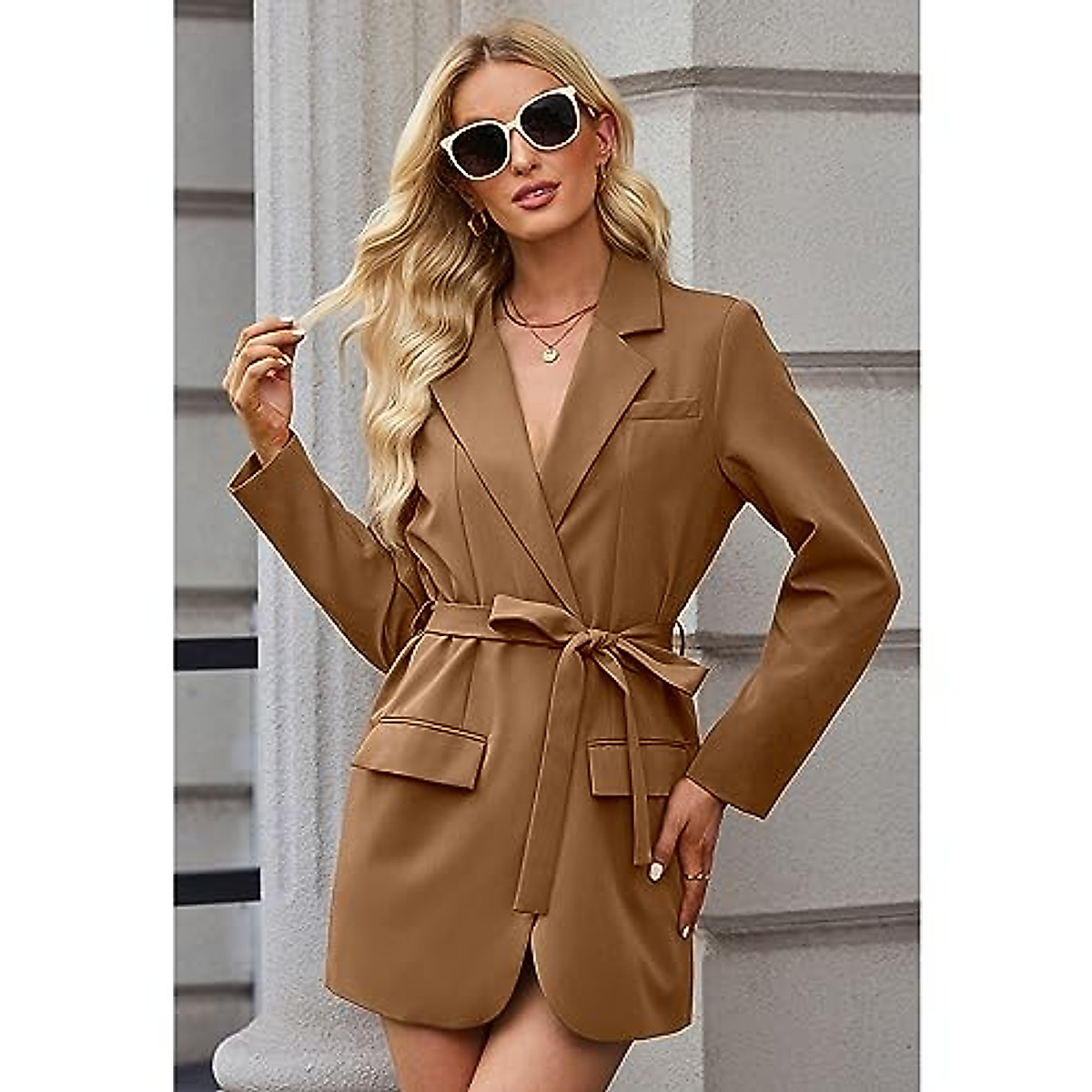 luvamia 2023 Blazers for Women Business Casual Outfits Fashion Dressy Long Suit Jacket Office Belted Blazer Dress Work Womens Blazers for Work Professional Womans Dresses Amber Brown Size 12 Size 14