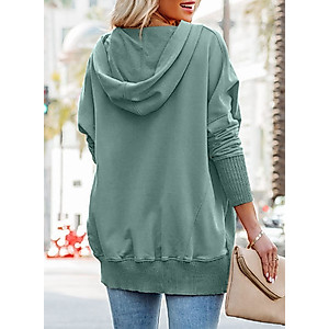 PRETTYGARDEN Loose Casual Button V Neck Hoodies for Women Long Sleeve Oversized Pullover Sweatshirt Hooded Tops Fall with Pockets (Bean Green,Large)