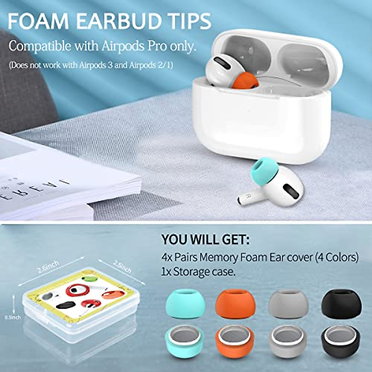 [4 Pairs] for Airpods Pro Ear Tips (Memory Foam), Replacement Ear Tips for Airpods Pro with Noise Reduction Hole | Fit in The Charging Case | with Portable Storage Box (Black/Grey/Orange/Mint Blue)