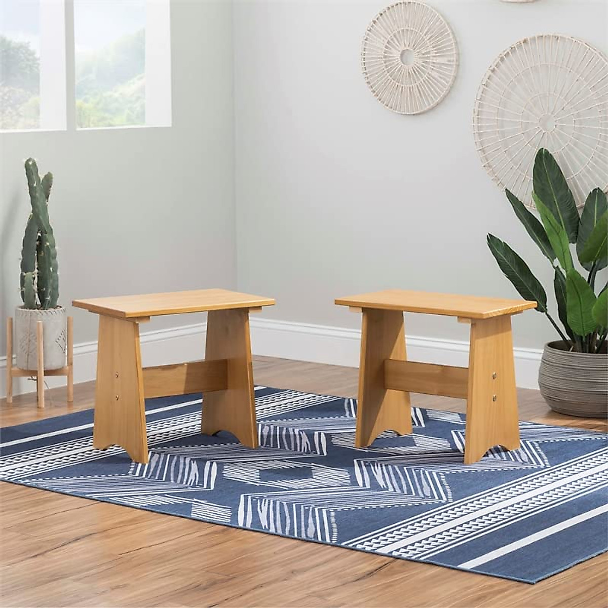 Linon Delk Pine Wood Small Backless Benches Set of 2 in Honey