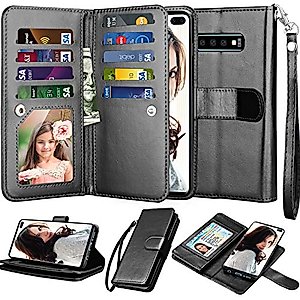 NJJEX Wallet Case for Galaxy S10 Plus, for Galaxy S10+ Case, PU Leather [9 Card Slots] Credit Holder Folio Flip [Detachable][Kickstand] Magnetic Phone Cover & Wrist Strap for Samsung S10 Plus [Black]