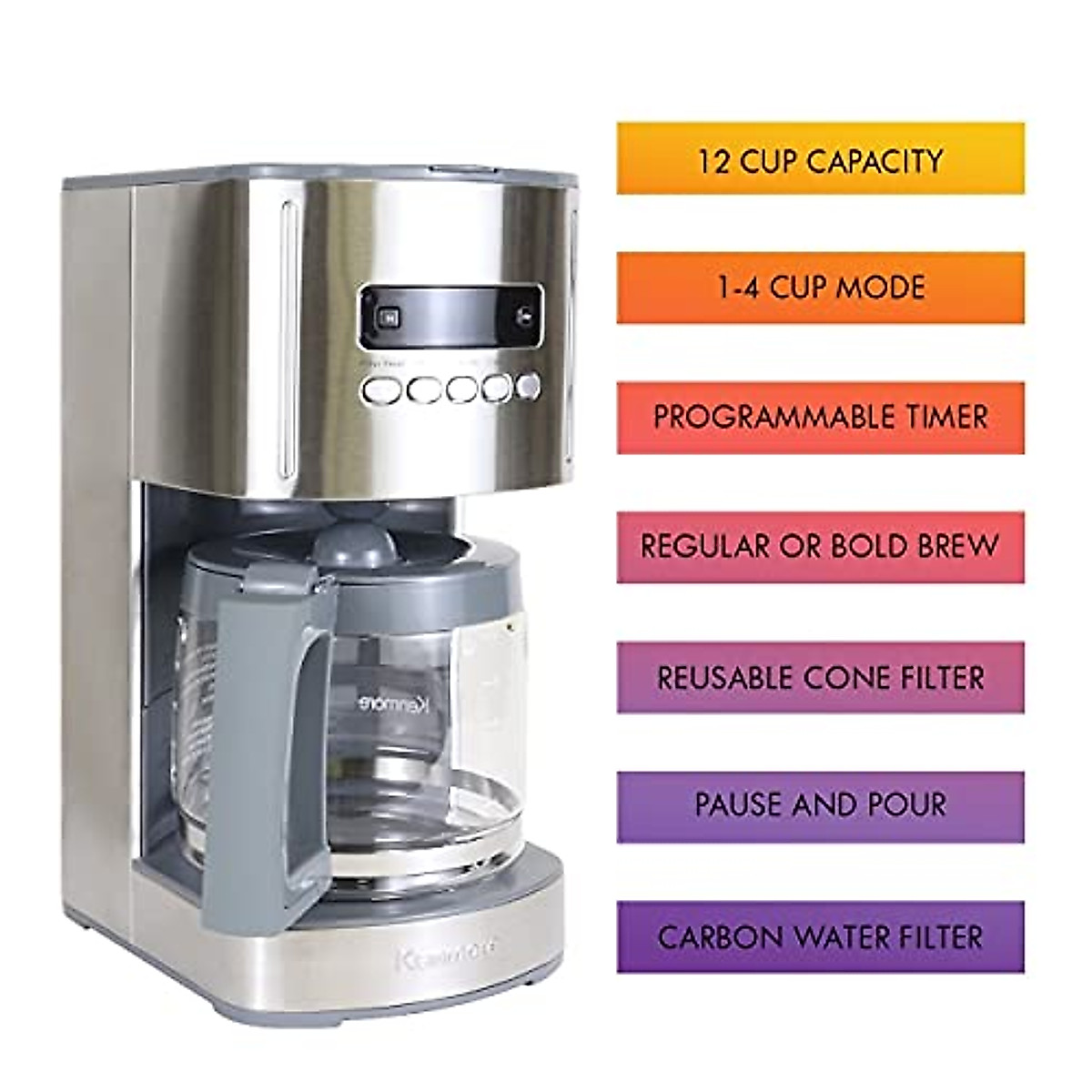 Kenmore Aroma Control 12-Cup Programmable Coffee Maker, Stainless Steel Drip Coffee Machine, Glass Carafe, Reusable Filter, Timer, Digital Display, Charcoal Water Filter, Regular or Bold