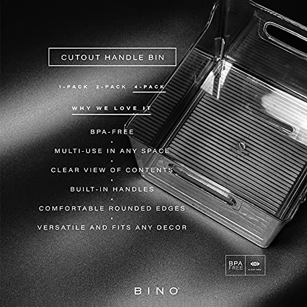 BINO | Plastic Storage Bins - 4 Pack | THE LODGE COLLECTION | Clear Storage | Containers for Organizing with Handles | Pantry Kitchen Organization | Fridge Organizer | Bathroom | Shelves Cabinet