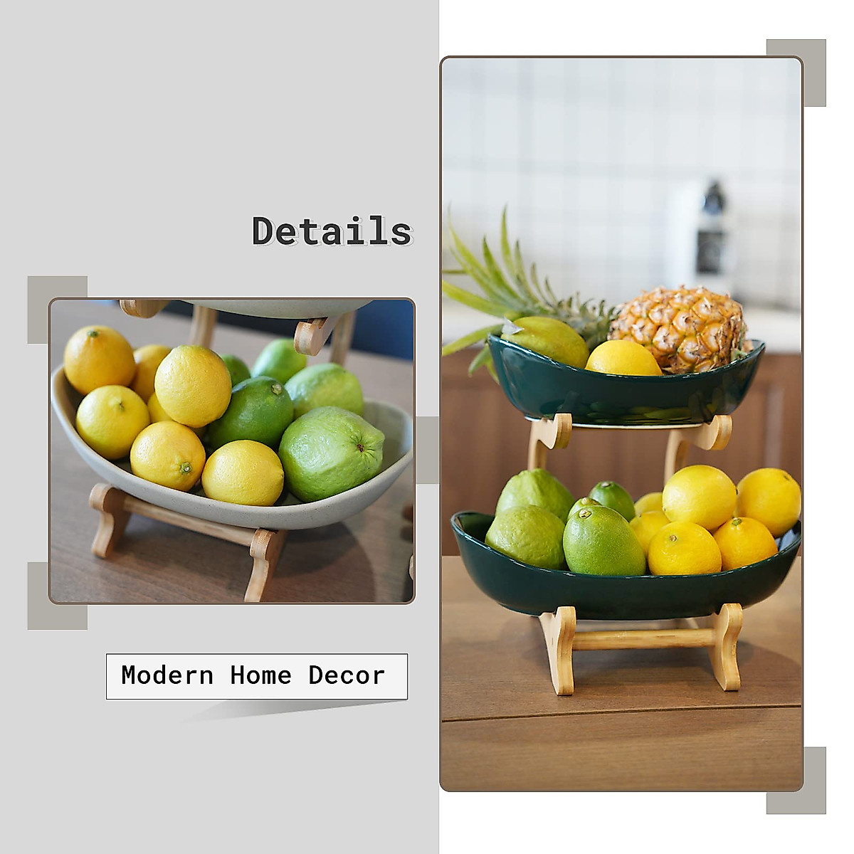 Mangoton 2 Tier Fruit Basket for Kitchen Counter,Ceramic Fruit Bowl for Kitchen Counter,Fruit Holder,Organizador de Cocina,Large Khaki