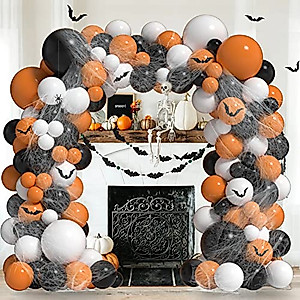 ZFUNBO 139 Pack Halloween Balloon Arch Garland Kit, Orange Black White Balloons Balloons Set with 3D Bat Sticker Spider Web for Halloween Party Decorations Baby Shower Birthday Party