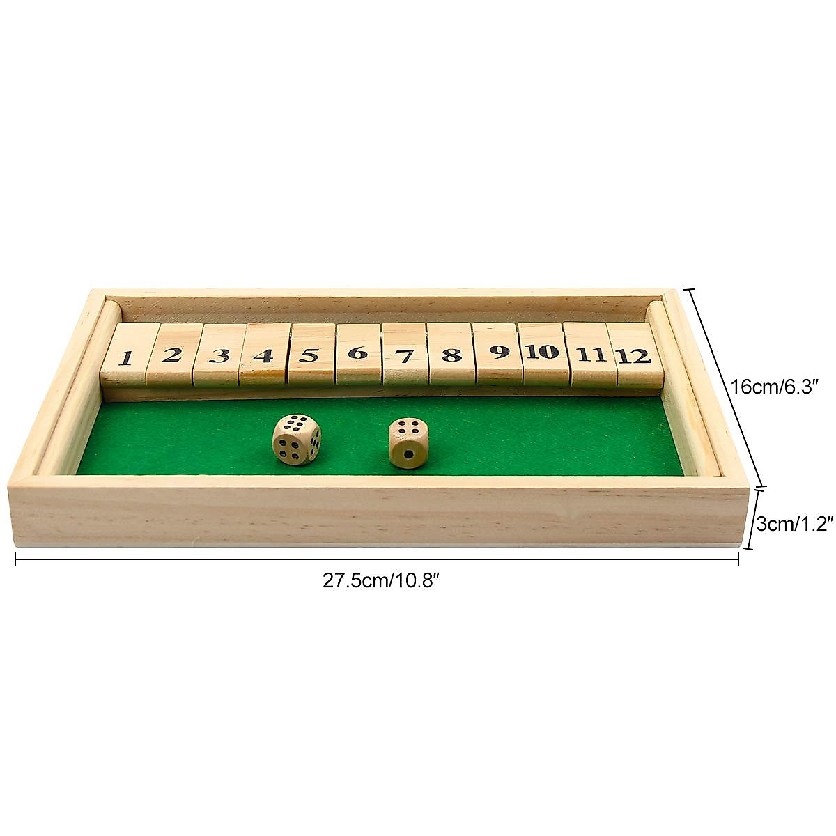 bouti1583 Shut The Box Game Wooden, Classic 12 Number Wooden Set with Dice, Green- Adults and Children