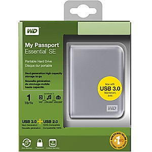 WD My Passport Essential SE 1 TB USB 3.0/2.0 Ultra Portable External Hard Drive (Silver)