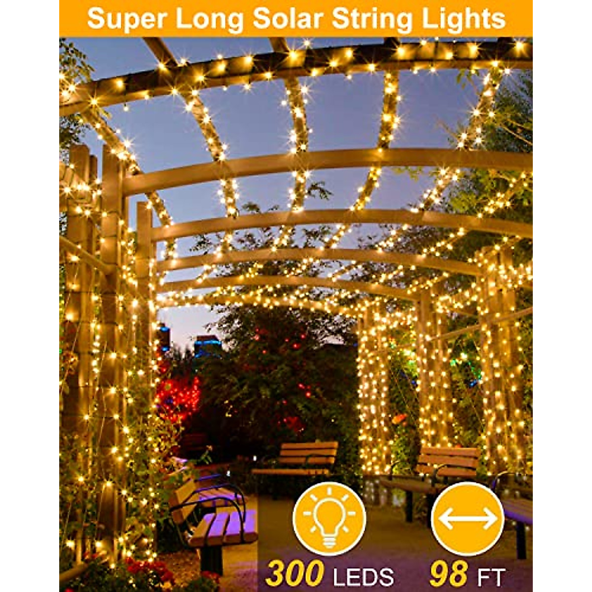 Ollny Solar String Lights Outdoor Waterproof Warm White & Multicolor 2 Pack Each 98Ft 300LED, 11 Modes Super Bright Fairy Lights, Outdoor Christmas Tree Lights for Outside Garden Patio Wedding Party
