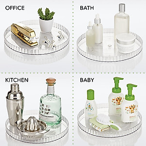 mDesign Plastic Stackable Bin with Handles and 11.5" Round Fluted Lazy Susan Turntable Plastic Spinner Combo Set for Organization in Bathroom, Closet, Cabinet, or Vanity Countertop - Set of 2 - Clear