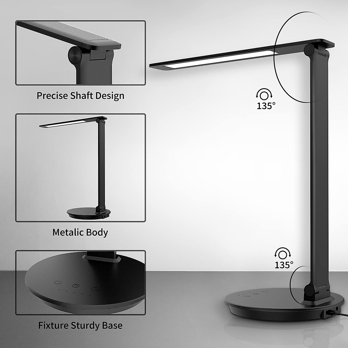 Mongery LED Desk Lamp, Table Lamp with Touch Control USB Charging, Eye-Caring Desk Lamp Aluminum Multiple Angle Adjustments LED Light for Office, Home, Reading and More, Black