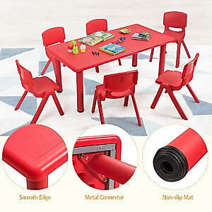 Costzon Kids Table and Chair Set, 6 Pcs Stackable Chairs, 47 x 23.5 Inch Rectangular Plastic Activity Table Set for Children Reading Drawing Playing Snack Time, Toddler School Furniture (Red)
