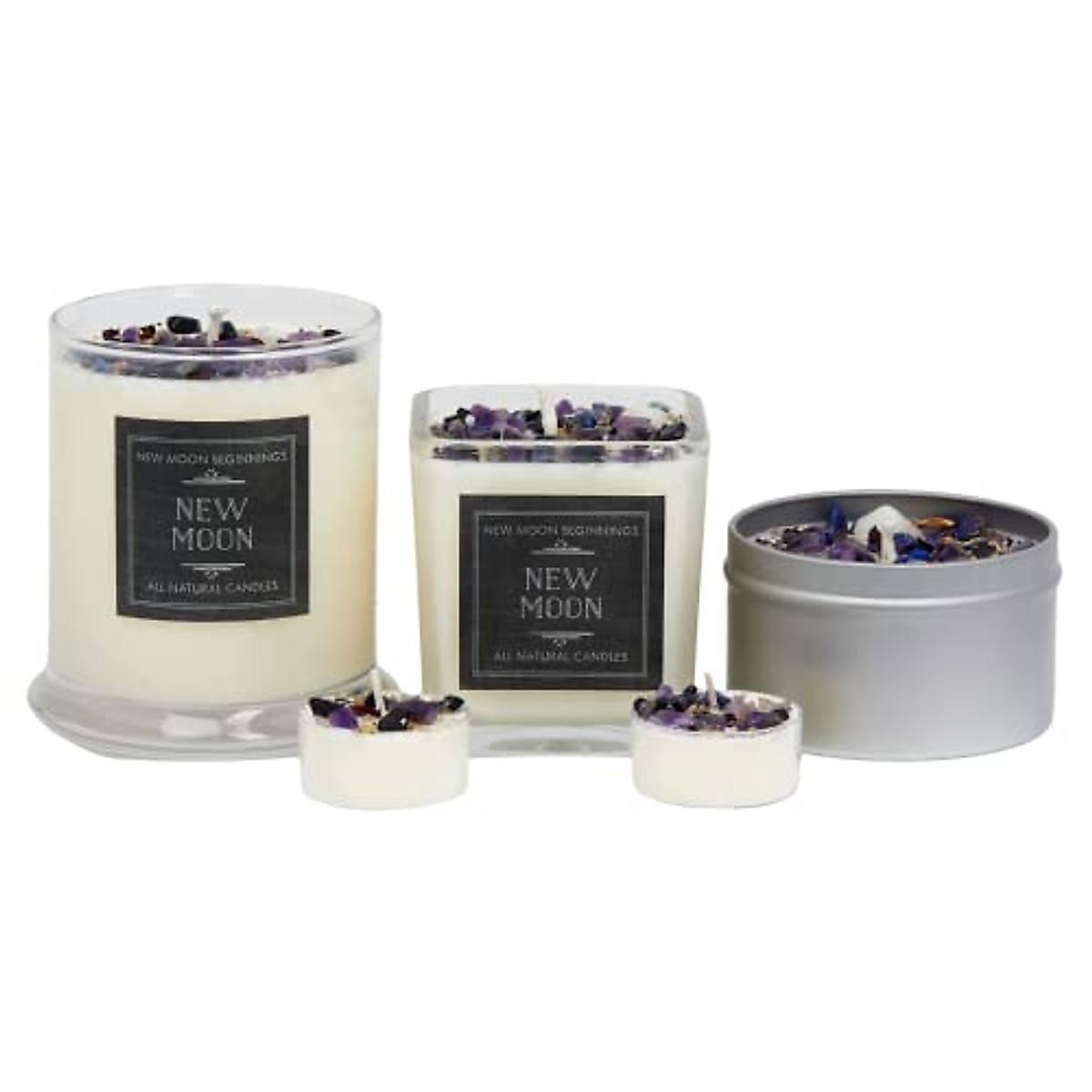 New Moon Candle by New Moon Beginnings - New Beginnings & Manifestation Candle - Dried Flower, Herb, & Crystal Candles - Aromatherapy Candles - Soy Candle - 8oz Tin