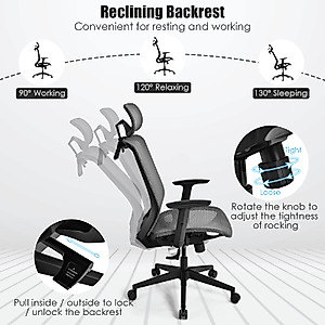 GOFLAME Ergonomic Mesh Office Chair, Swivel Executive Chair with Reclining High Backrest, Rotatable Headrest, Clothes Hanger and Lumbar Support, Height Adjustable Computer Desk Chair (Gray)