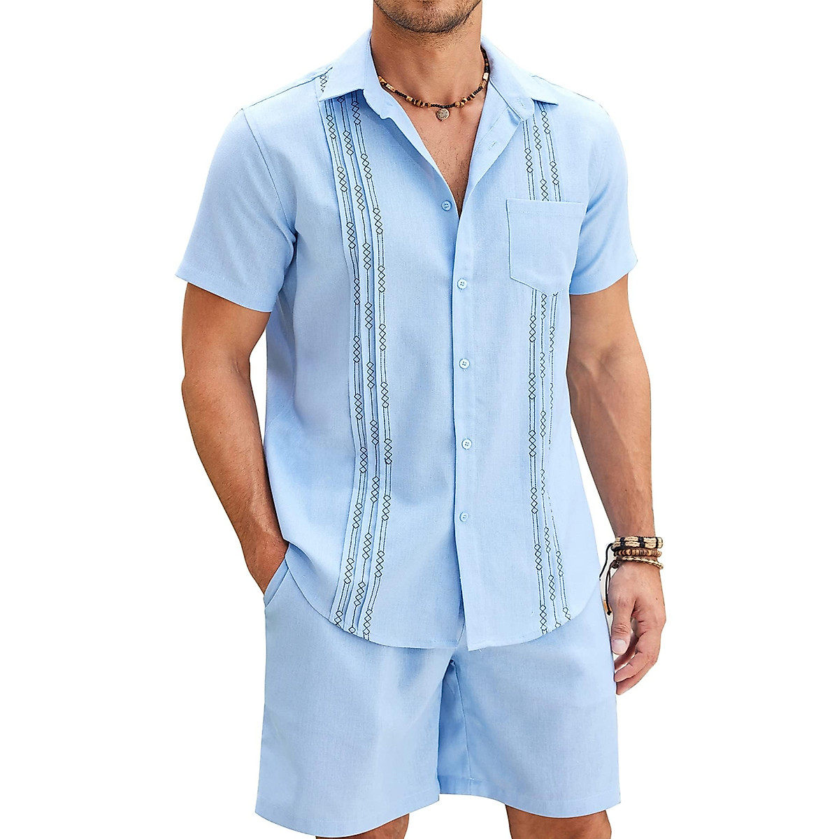COOFANDY Men's Linen Sets 2 Piece Hawaiian Vacation Matching Shirt and Shorts Set