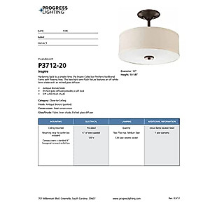 Progress Lighting P3712-20 Inspire Close-to-Ceiling, 13” diameter|10-1/8” height, Off-White Linen shade, Antique Bronze