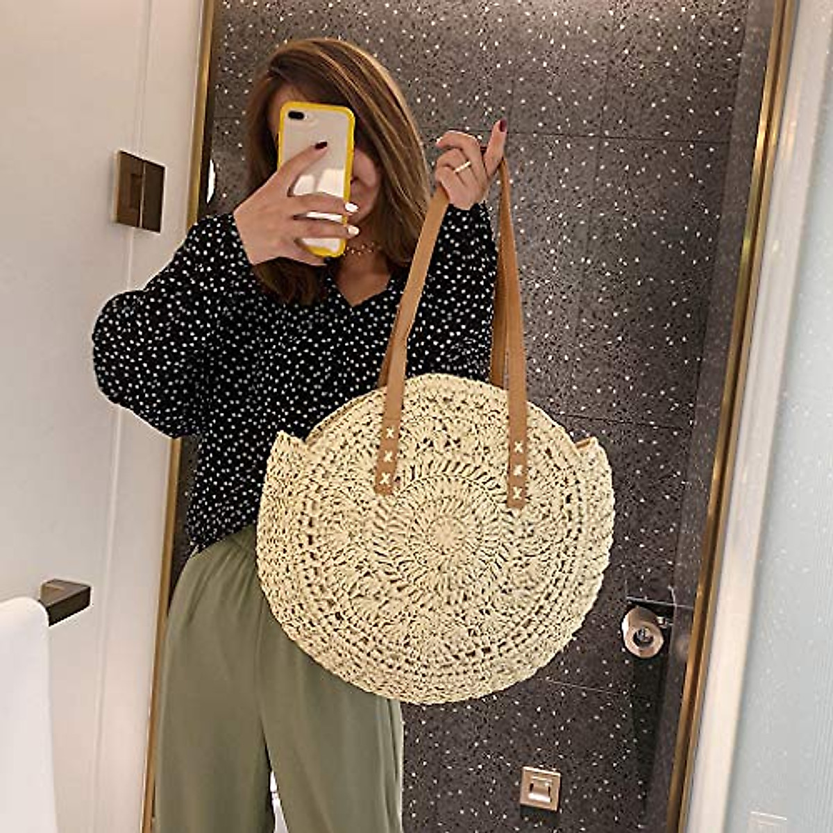 Large Bag Round Straw Beach Bag,Women Holiday Woven Tote Bag,Handle Shoulder Rattan Bag (White)