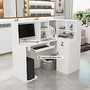 OmySalon Modern Reception Desk, L-Shaped Front Desk with Moveable Shelves and Lockable Drawers, Retail Checkout Counter Table, for Lobby Beauty Salon Office, White (55.9" W x 18.9" D x 48" H)