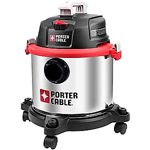 Porter-Cable Wet/Dry Vacuum 5 Gallon 4HP Stainless Steel Light Weight Portable, 3 in 1 Function with Attachments, Silver+Red, Model: PCX18406-5B