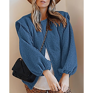 KIRUNDO Women's 2024 Fall Winter Sherpa Fleece Jacket Faux Wool Embedded Lantern Sleeve Casual Loose Outwear With Pockets(Blue, Small)