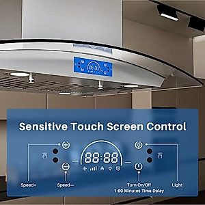 FIREGAS Island Range Hood 30 inch 700 CFM with Chimney, Ceiling Mount Kitchen Vent Hood with Tempered Glass, 4 LED Lights, Permanent Filters, Premium Touch Control Panel, Includes Charcoal Filter