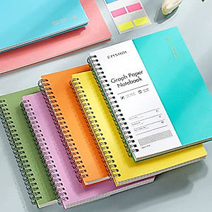 EMSHOI Graph Paper Spiral Notebook, 4 Pack 5.7" x 8.22" A5 Small Grid Notebook, 640 Pages 100gsm Thick Graph Journal with Sticky Notes, Plastic Hardcover, Yellow, Blue, Green, Pink