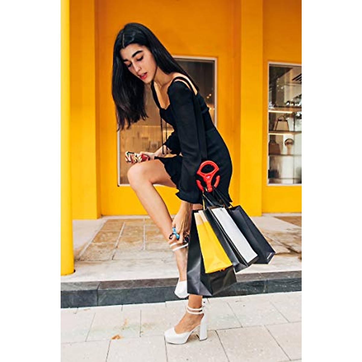 Combigrip Red Grocery Bag Handle Shopping Bag Carrier holds up to 300lbs Hands Free Concept Including Shoulder Strap For Safe Carrying with Dual Hooks and Comfortable Grip