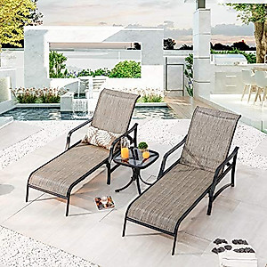 LOKATSE HOME Outdoor Patio Adjustable Metal Chaise Lounge Chair Recliner Set of 2 with 1 Glass Top Bistro Table, Grey