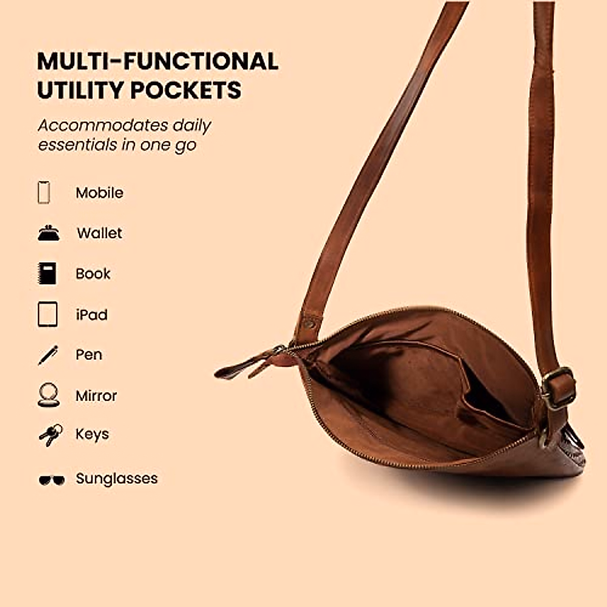 Sling Bags for Women Genuine-Leather - Vintage Multi Pocket Crossbody Purse (Copper)