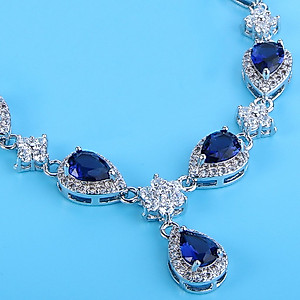 EleQueen Women's Silver-tone Cubic Zirconia Teardrop Flower Bridal V-Necklace Set Dangle Earrings Sapphire Color