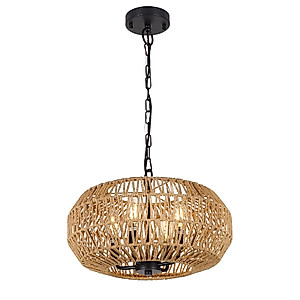 Farmhouse Rattan Pendant Lights, 15.7" 4-Light Boho Chandelier Light Fixture, Wicker Hand Woven Basket Pendant Hanging for Dining Room Living Room Kitchen Island Bedroom Foyer, Height Adjustable