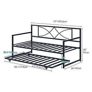 YITAHOME Twin Daybed with Pull Out Trundle, Metal Day Bed with Adjustable Height, Twin Size Mattress Foundation with Steel Slat Support for Guest Room Living Room - Black