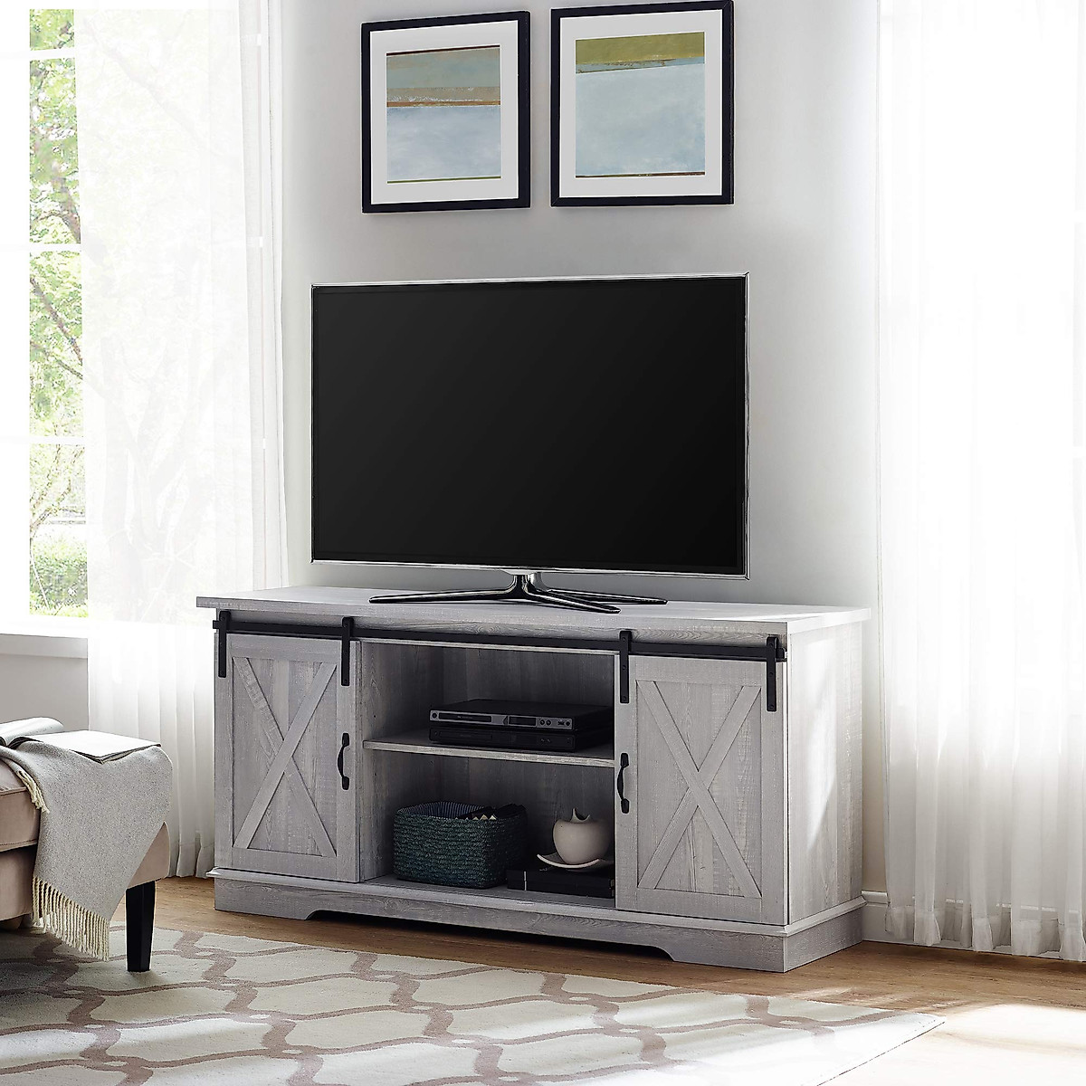 Home Accent Furnishings Tucker 58 Inch Sliding Barn Door TV Console in Stone Grey