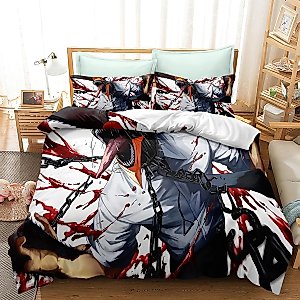 JewosS Chainsaw Man 3 Piece Bedding Set Printed Duvet Cover Set Printed Bed Comforter Cover Quilt Covers with Pillowcases for Your Own Bedroom No Quilt(Twin)