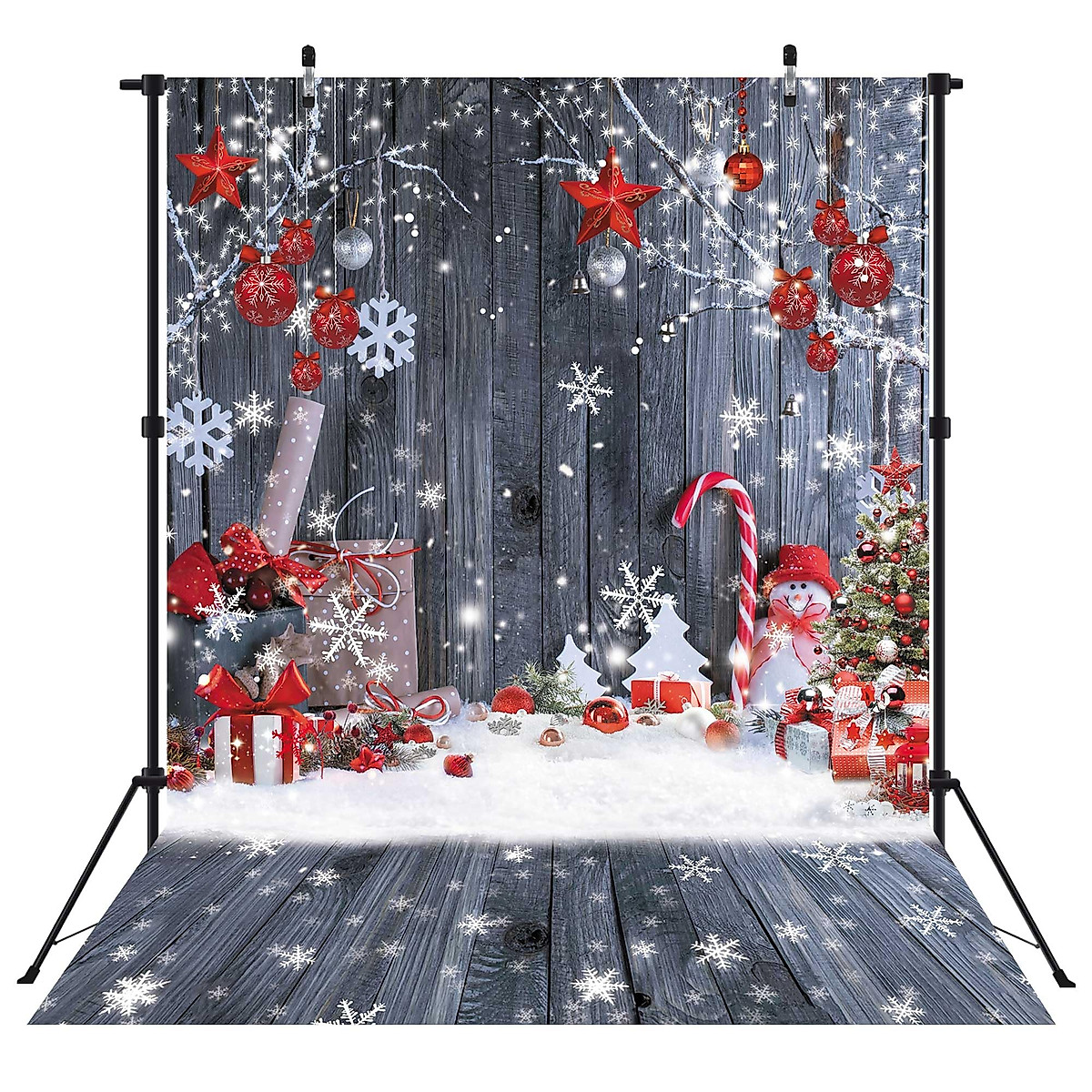 LIVUCEE 5X7FT Christmas Wood Wall Photography Banner Backdrop Winter Holiday Snowflake Xmas Tree Wood Floor Background Party Supplies Decor Photoshoot Studio Booth Props