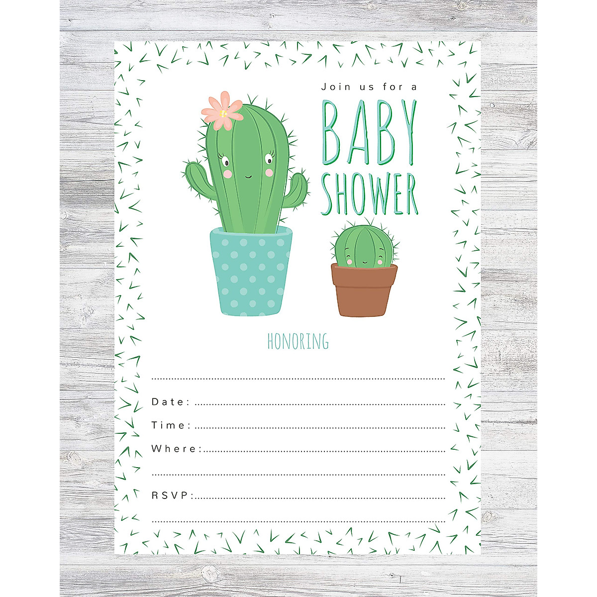 Cactus Gender Neutral 5x7 Baby Shower Invitations - 24 invites and 24 White envelopes