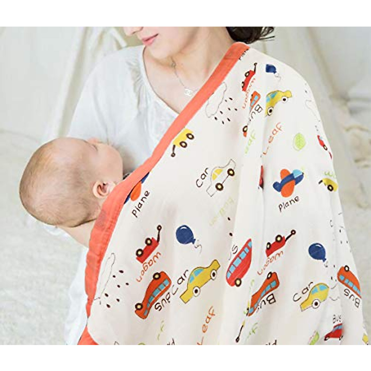 Coral Red Muslin Baby Blanket, Ultra Soft Hypoallergenic Baby Quilts, Unisex Baby Swaddle Wrap, Oversized 43 X 45 inchs (Car Bus)