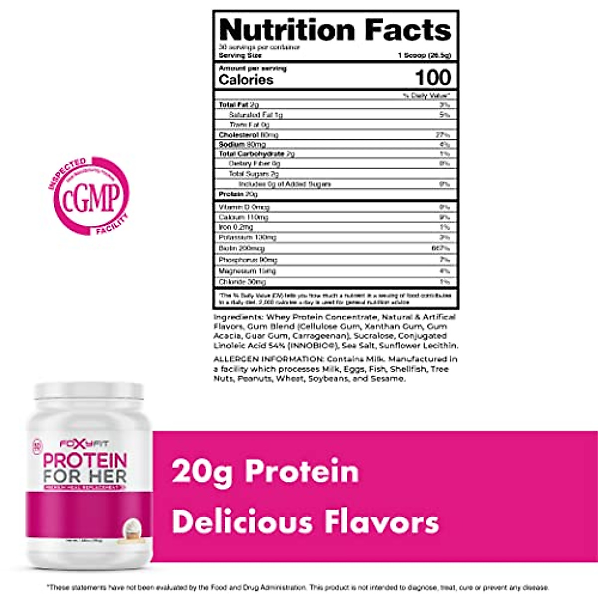 FoxyFit Protein for Her, Vanilla Cupcake Whey Protein Powder with CLA and Biotin for a Healthy Glow (1.85 lbs)