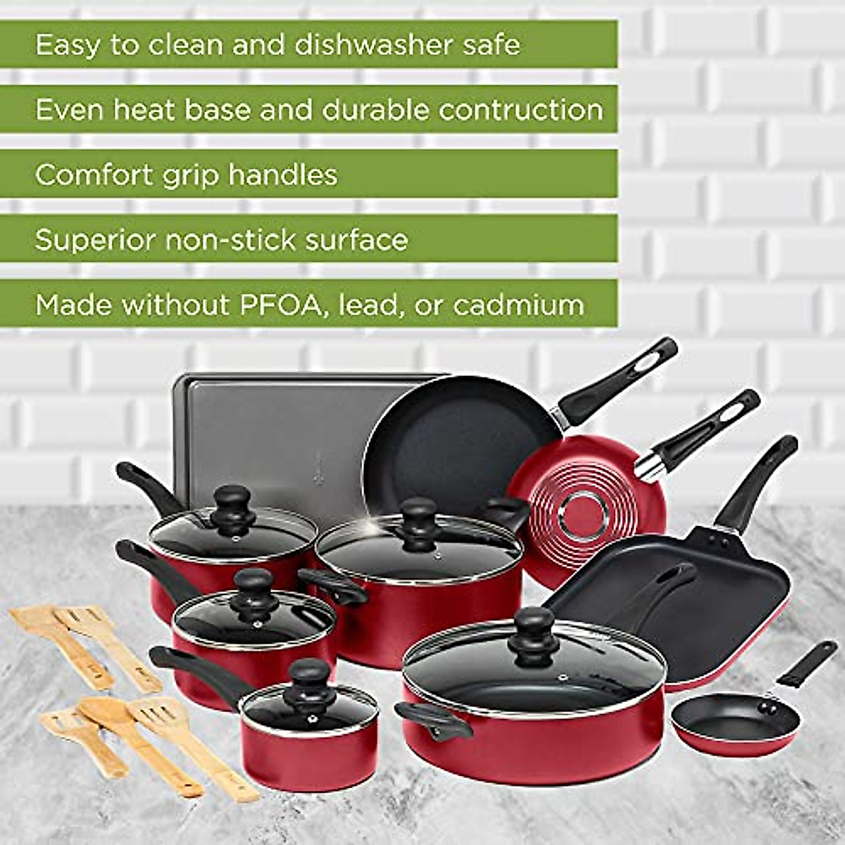 Ecolution Easy Clean Nonstick Cookware Set, Dishwasher Safe Kitchen Pots and Pans Set, Comfort Grip Handle, Even Heating, Ultimate Food Release, 20-Piece, Red