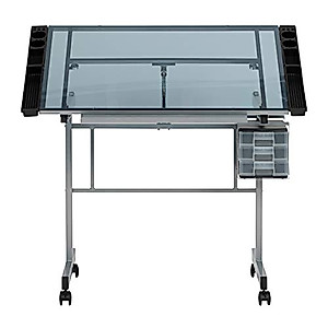 Studio Designs Vision Craft and Drawing Station - 35.5" W by 23.75" D Silver-Blue Glass Top Drafting Table with Pencil Drawers, Side Trays, & Built-In Pencil Ledge - Angle Adjustable Work Surface