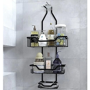 MLHpeak Shower Caddy Over Shower Head Rustproof Aluminum Large Hanging Shower Caddy with 12 Hooks for Razor/Sponge and Vacuum Suction Cups - Over The Shower Head Caddy with Soap Basket (Matte Black)