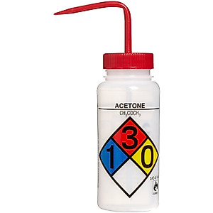 SP Bel-Art Safety-Labeled 4-Color Acetone Wide-Mouth Wash Bottles; 500ml (16oz), Polyethylene w/Red Polypropylene Cap (F11716-0001), Natural (Pack of 4)