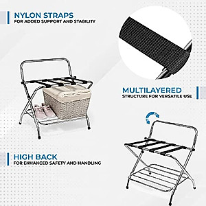 USTECH 2 Tier X-Shape Folding Luggage Rack with High Back | Durable Metal Stand & Heavy-Duty Nylon Straps for Guest Room Storage & Suitcase Holder | Perfect for Bedroom & Closet