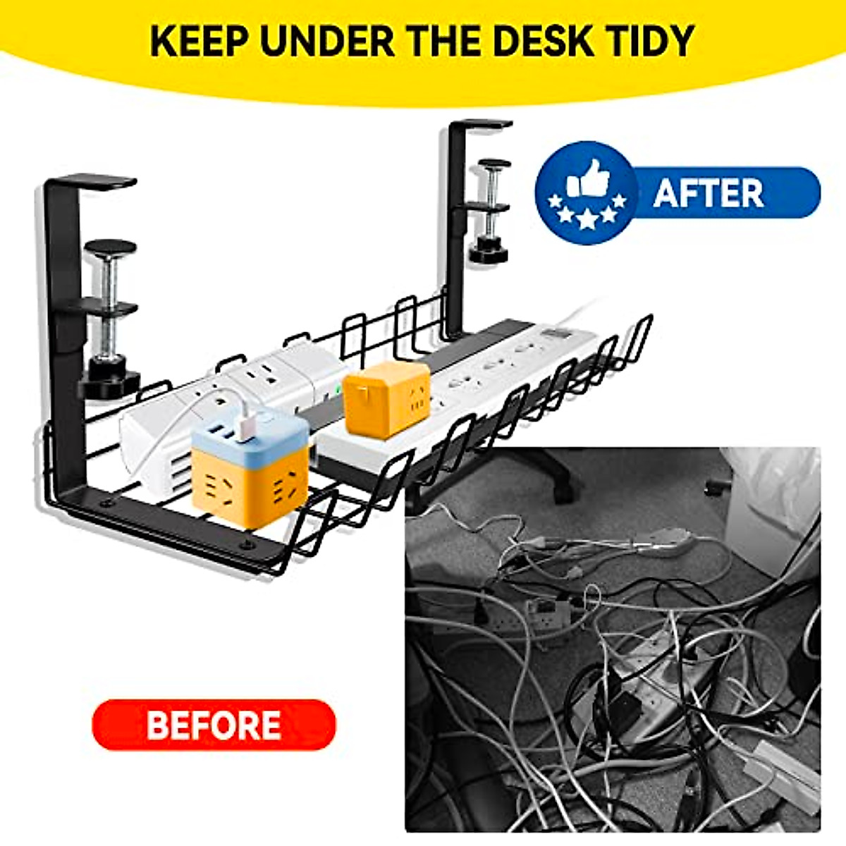 Under Desk Cable Management Tray - No Drilling, 16 x 6.3 x 7.6 inch High-Capacity Wire Management Under Desk,Cord Management Under Desk with Desk Clamp,No Damage to Desk,Fits Most Desks
