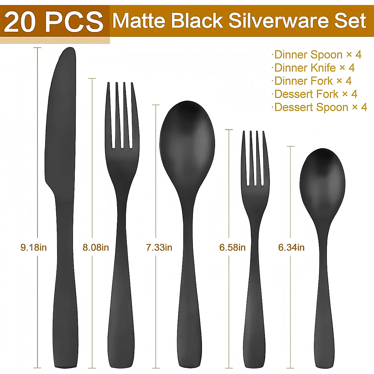 Matte Black Silverware Set - DENEAR 40 PCS Stainless Steel Flatware Set Service for 8, Durable Tableware Set Kitchen Utensil Set, Satin Finish Cutlery Set For Home and Restaurant, Dishwasher Safe