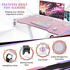 YOUTHUP Gaming Desk with LED Lights, 43" Z Shaped RGB Gaming Computer Desk Table, Ergonomic PC Workstation with Remote Control, Cup Holder, Handle Rack, Headphone Hook for Home Office Use (Pink)