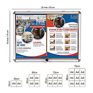 MAKELLO Lockable Bulletin Cork Board Enclosed Display Case with 3 Matching Keys for Indoor, Silver Aluminum Frame, 20x16inches (2xA4)